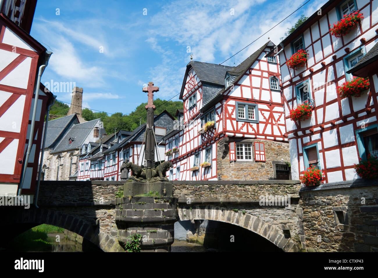 Old half-timbered houses in historic village of Monreal in Eifel Region ...