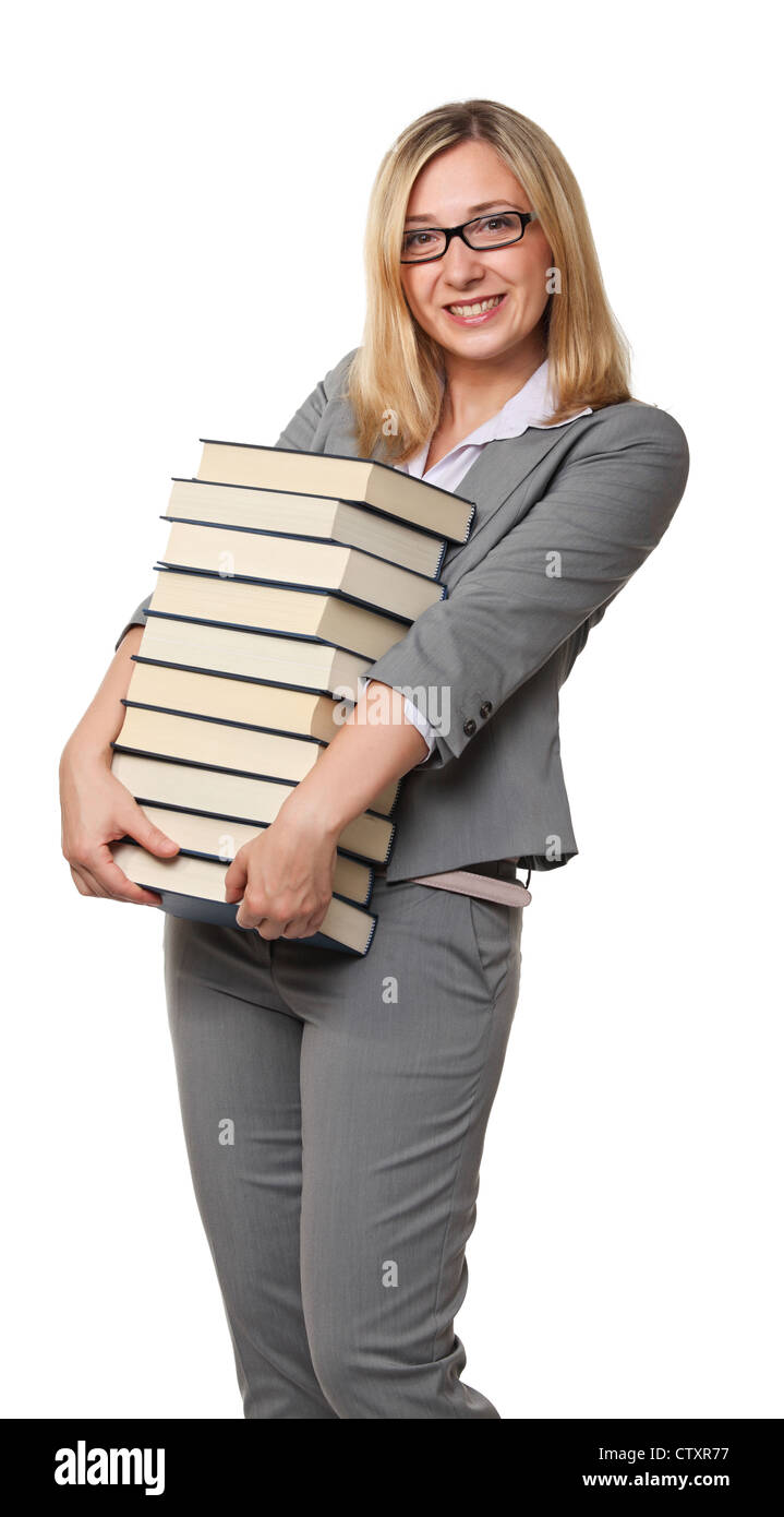 smiling woman holding big books pile Stock Photo - Alamy
