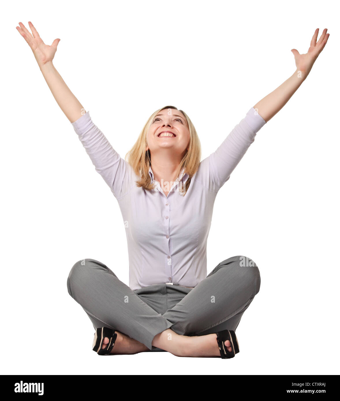 happy woman sit on white background Stock Photo - Alamy