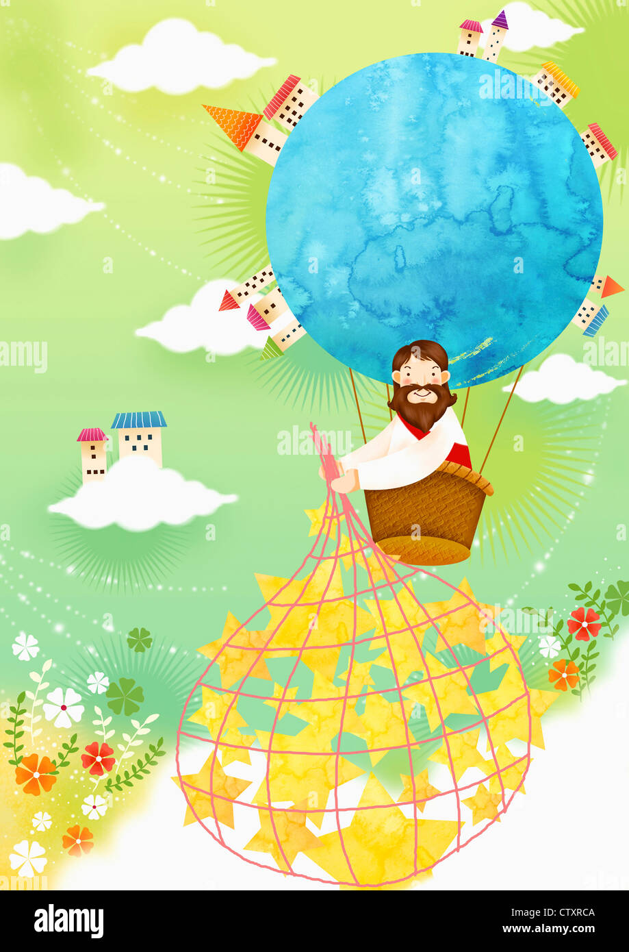 The Jesus flying on hot air balloon with stars Stock Photo - Alamy