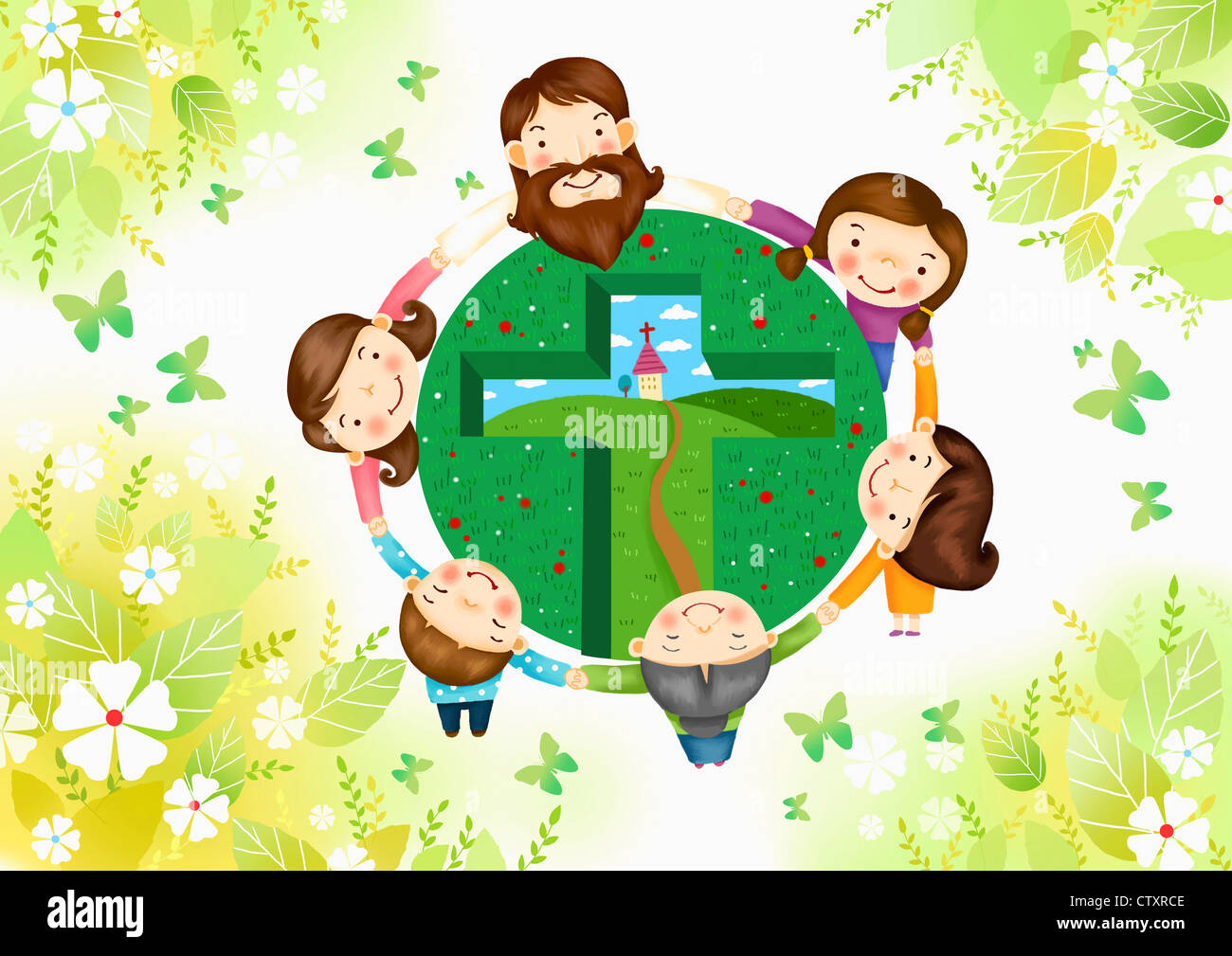 The Jesus and children holding hands around the cross field Stock Photo ...