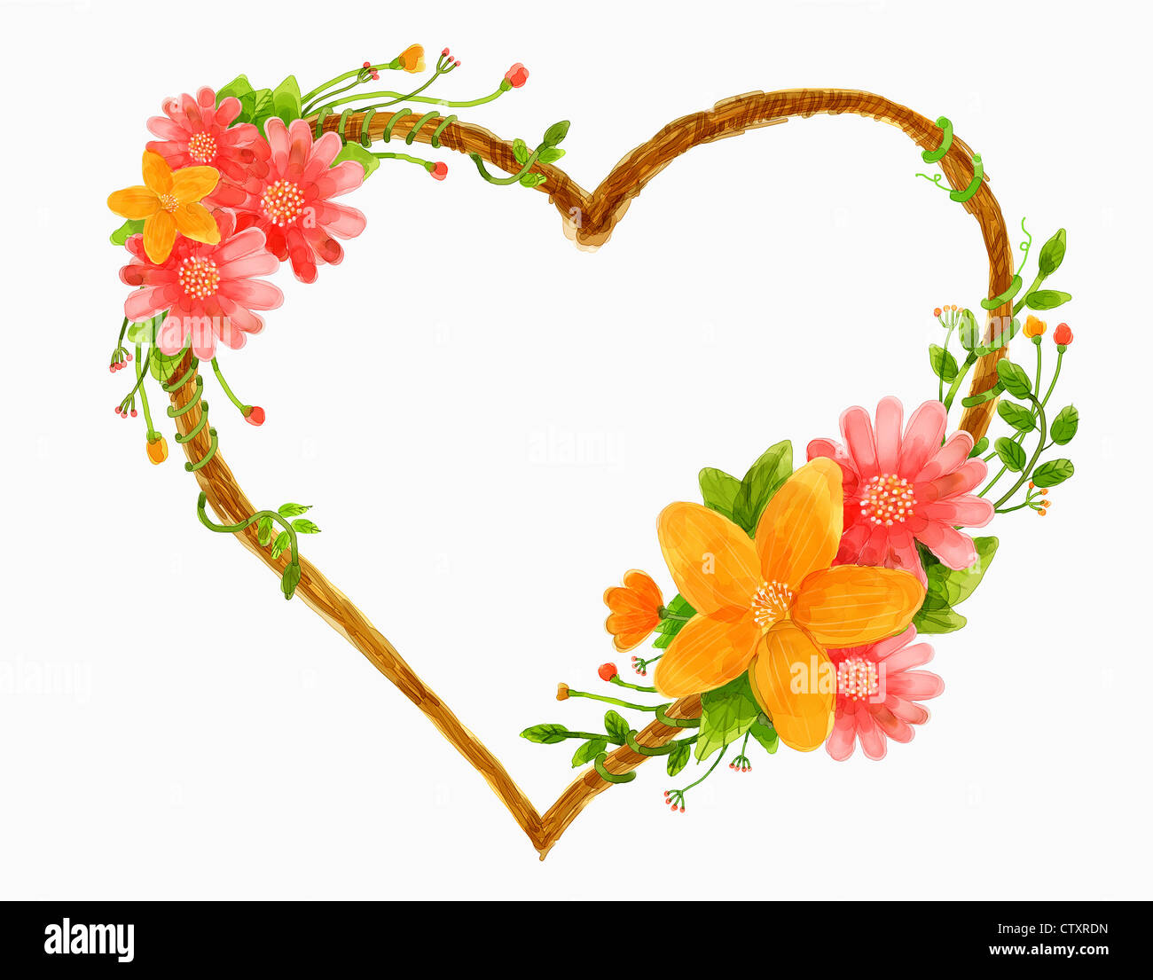 Pink and yellow flower heart shaped wreath Stock Photo - Alamy
