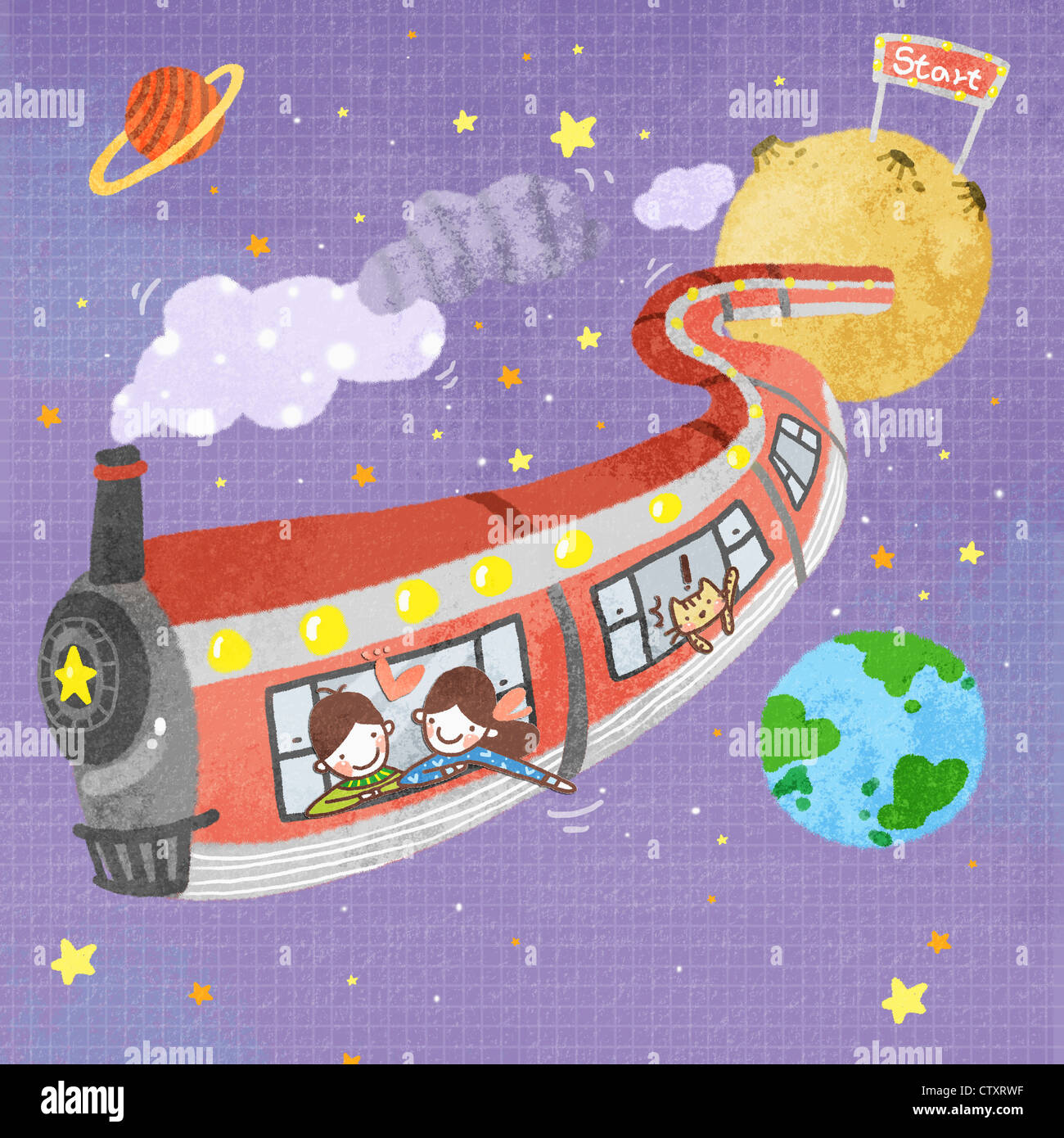 Children and cat riding on the space train Stock Photo - Alamy