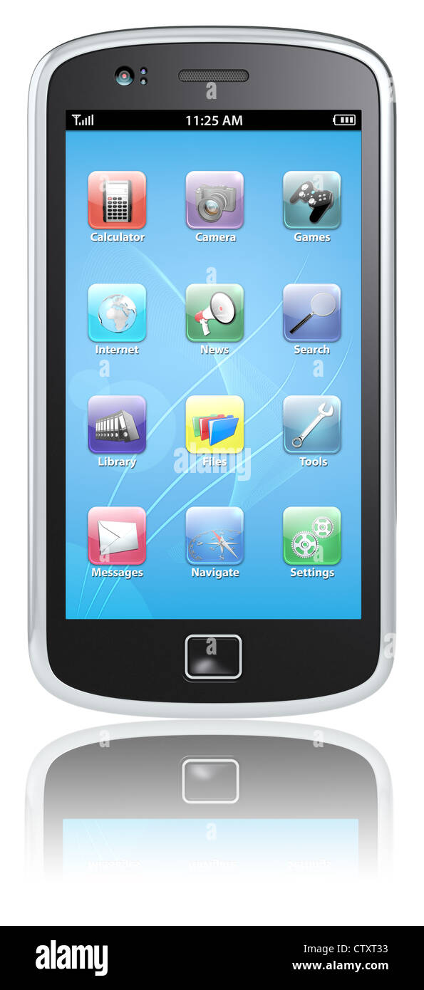 Smartphone. Black Smartphone, blue screen with icons. Isolated Stock ...