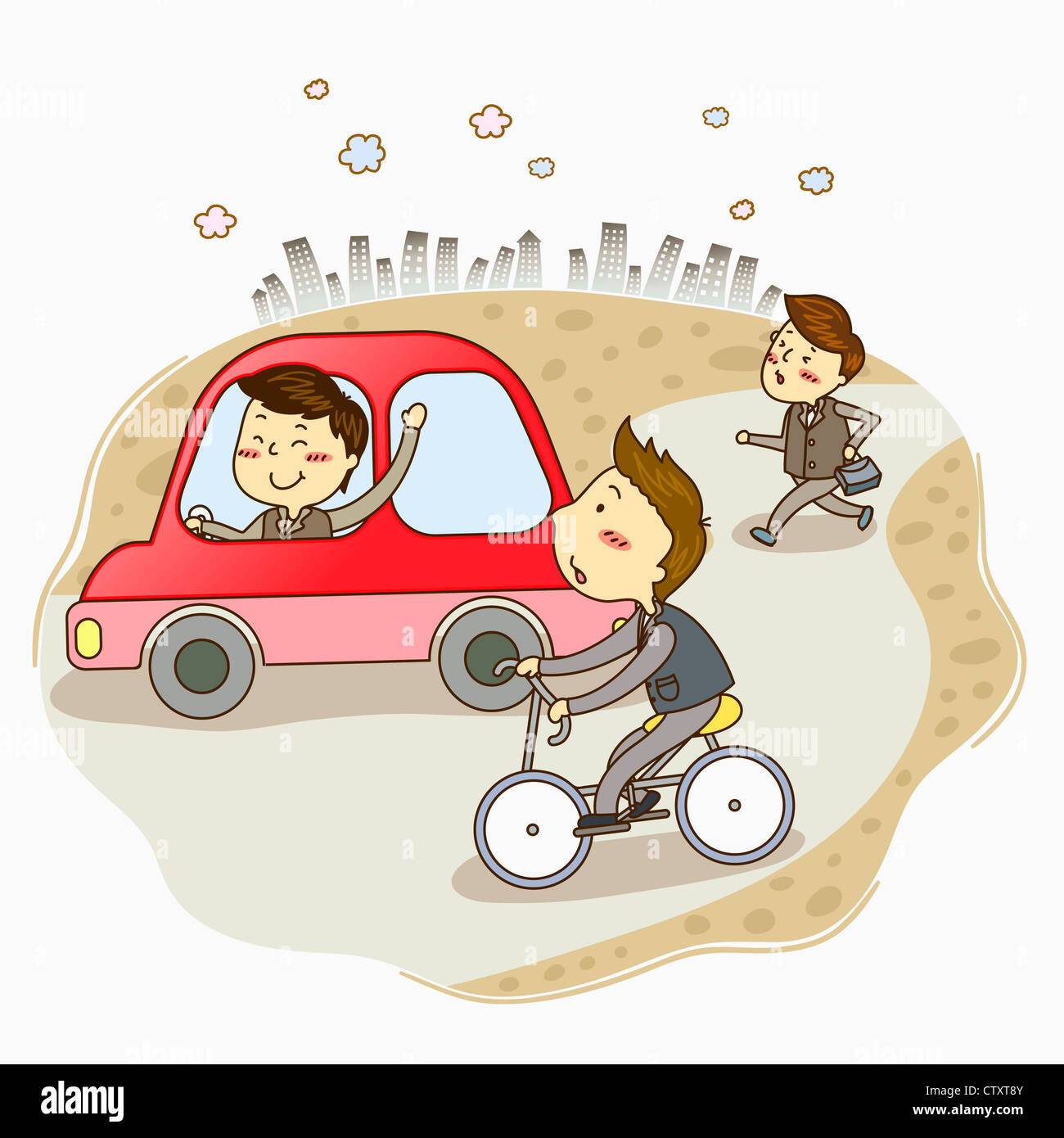Businessmen riding on car, bicycle, and walking on the foot Stock Photo ...