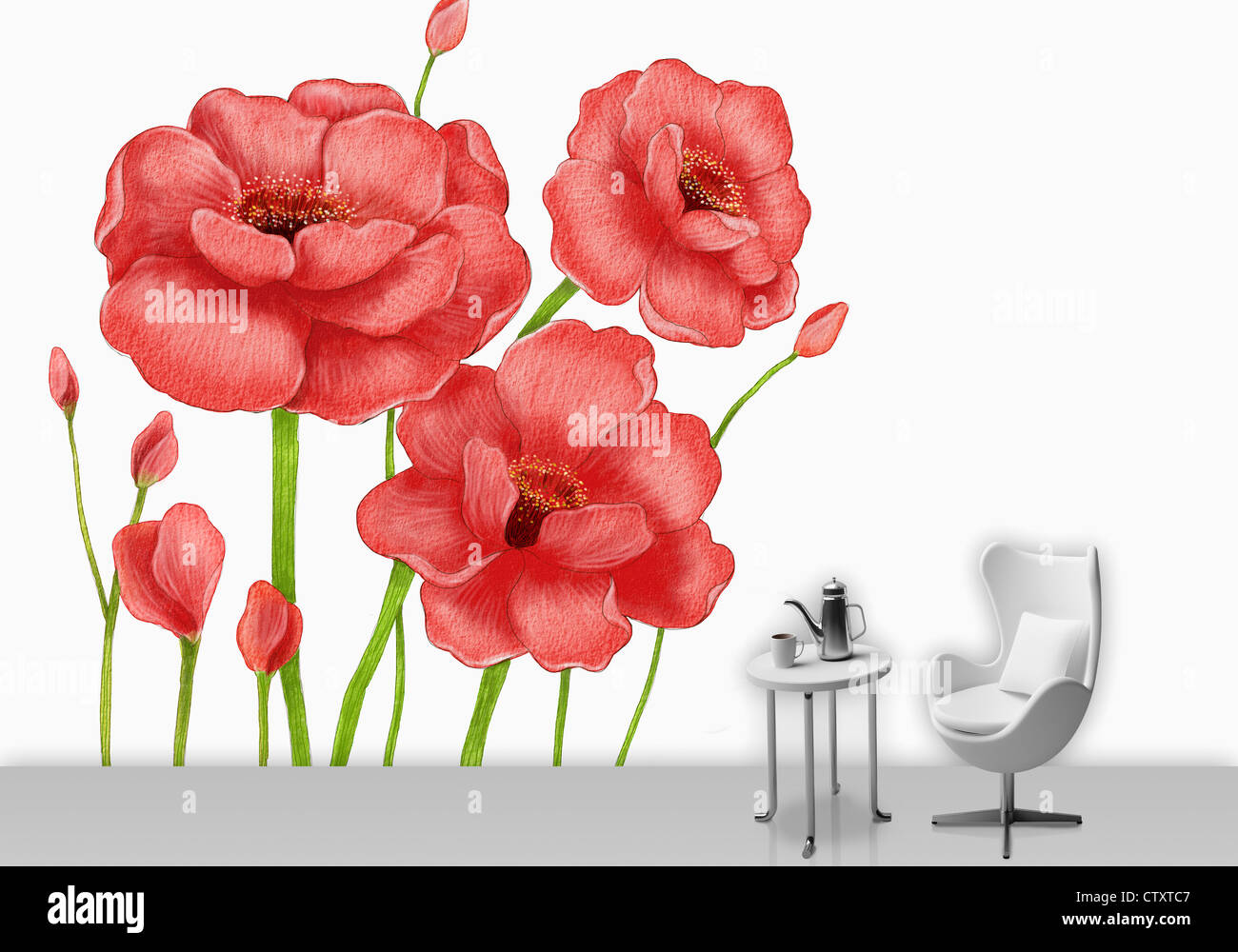 Table and chair with red flower background Stock Photo - Alamy