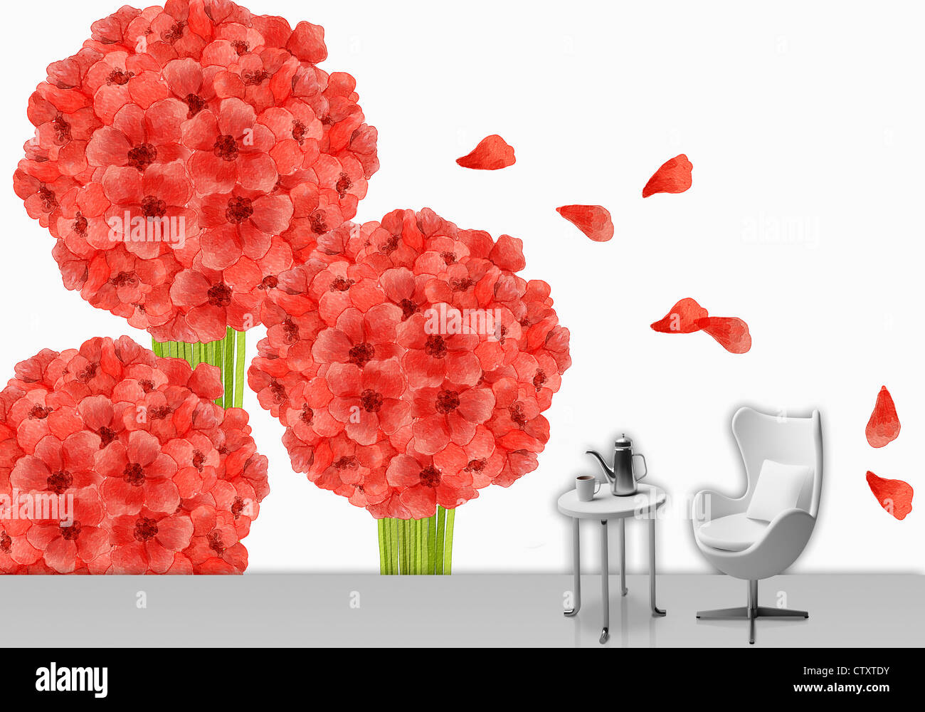 Table and chair with red flower background Stock Photo - Alamy