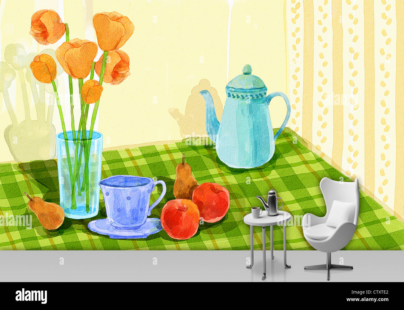 Table and chair with table setting background Stock Photo - Alamy