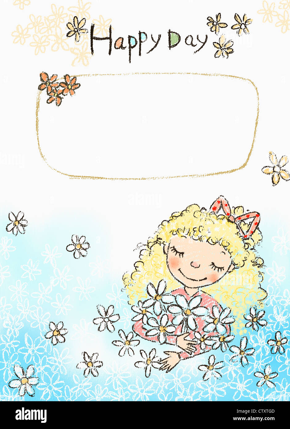 A girl holding white flowers with Happy day memo Stock Photo - Alamy