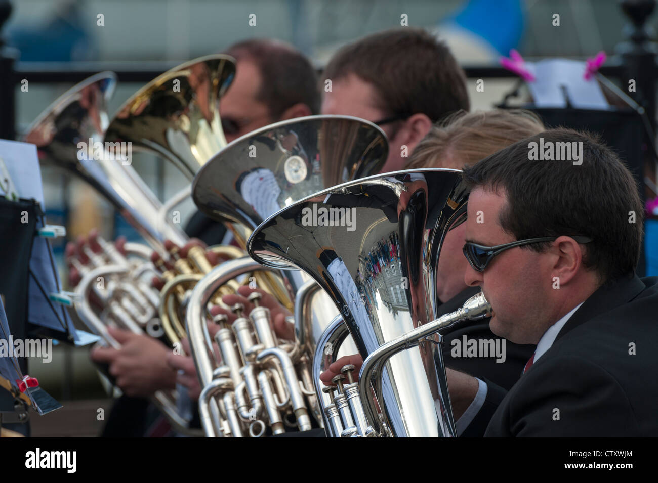 Members of Bodmin Town Band, a brass band, playing at Padstow north ...