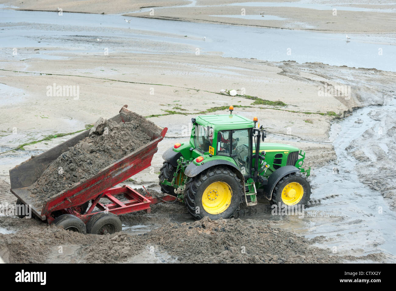 Tractors and machinery digging or mining sea sand in Padstow harbour ...