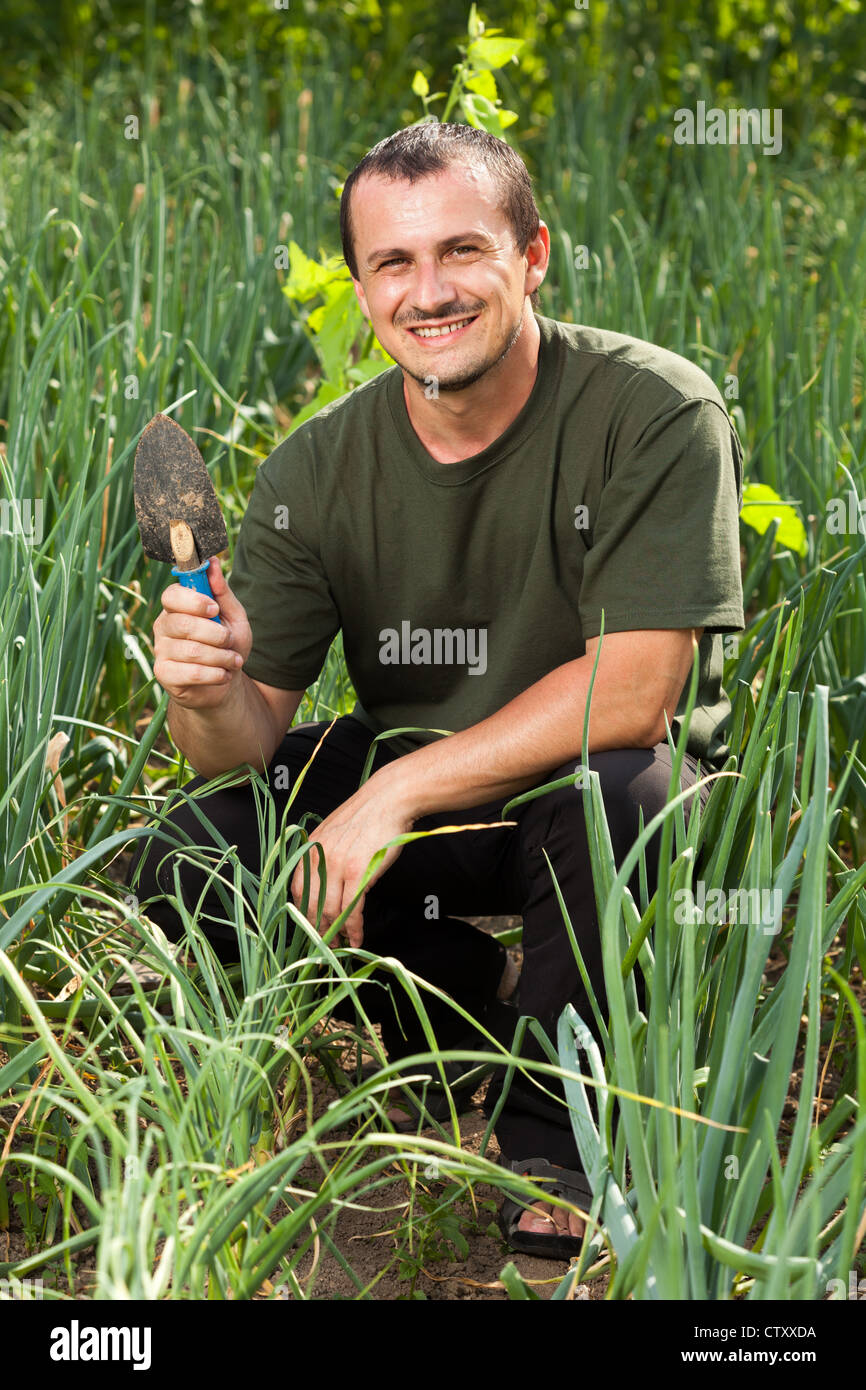 Young gardener weeding in an onion field Stock Photo - Alamy