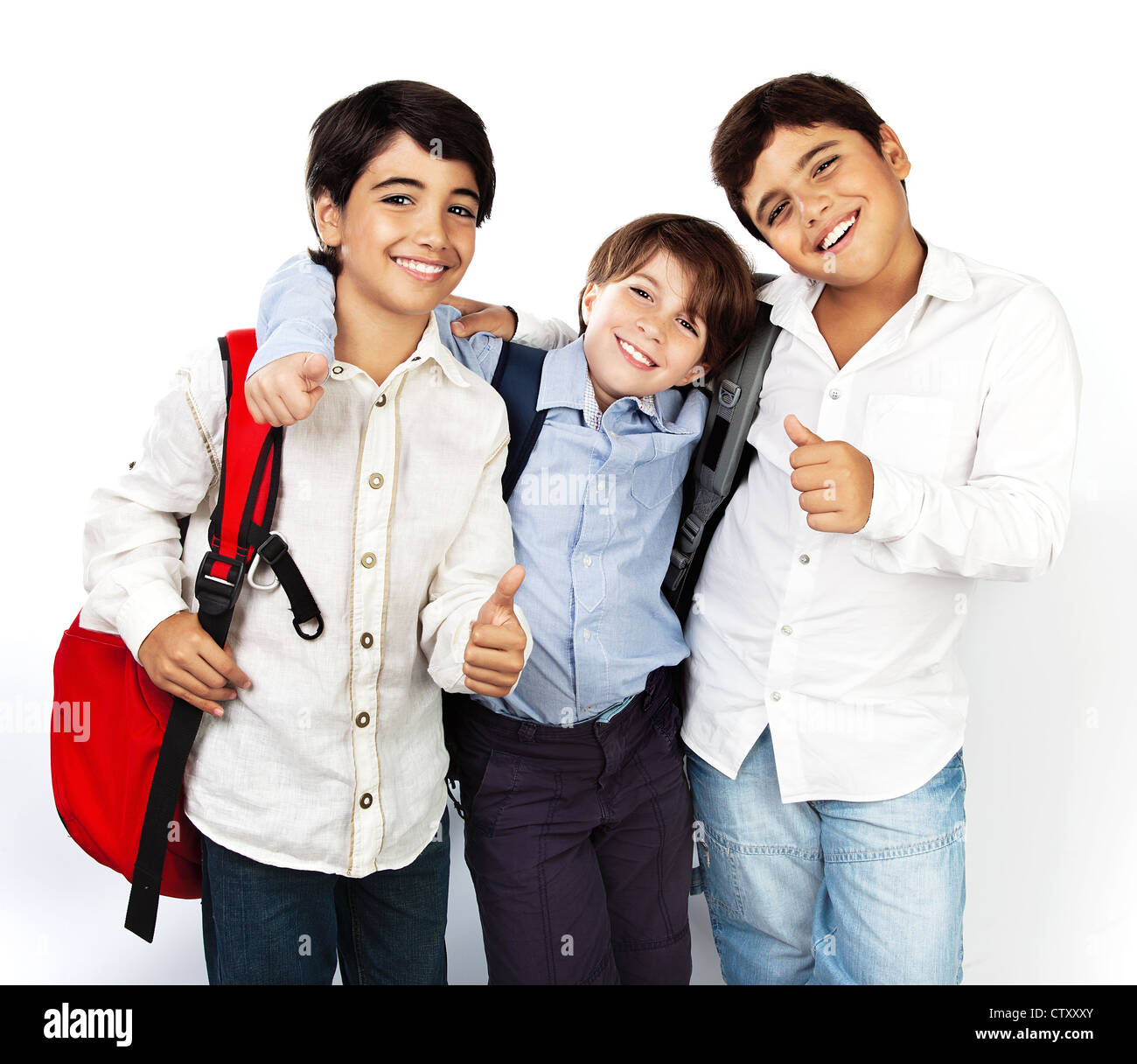 Happy schoolboys with thumbs up, back to school, boys best friends and ...