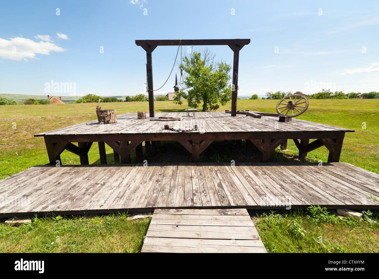 Gallows and torture tools on wooden deck outdoor Stock Photo - Alamy