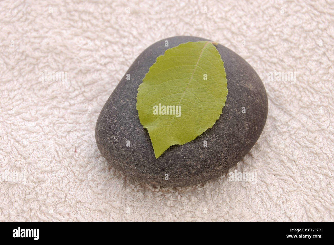Basalt pebble with leaf on a white towel Stock Photo - Alamy