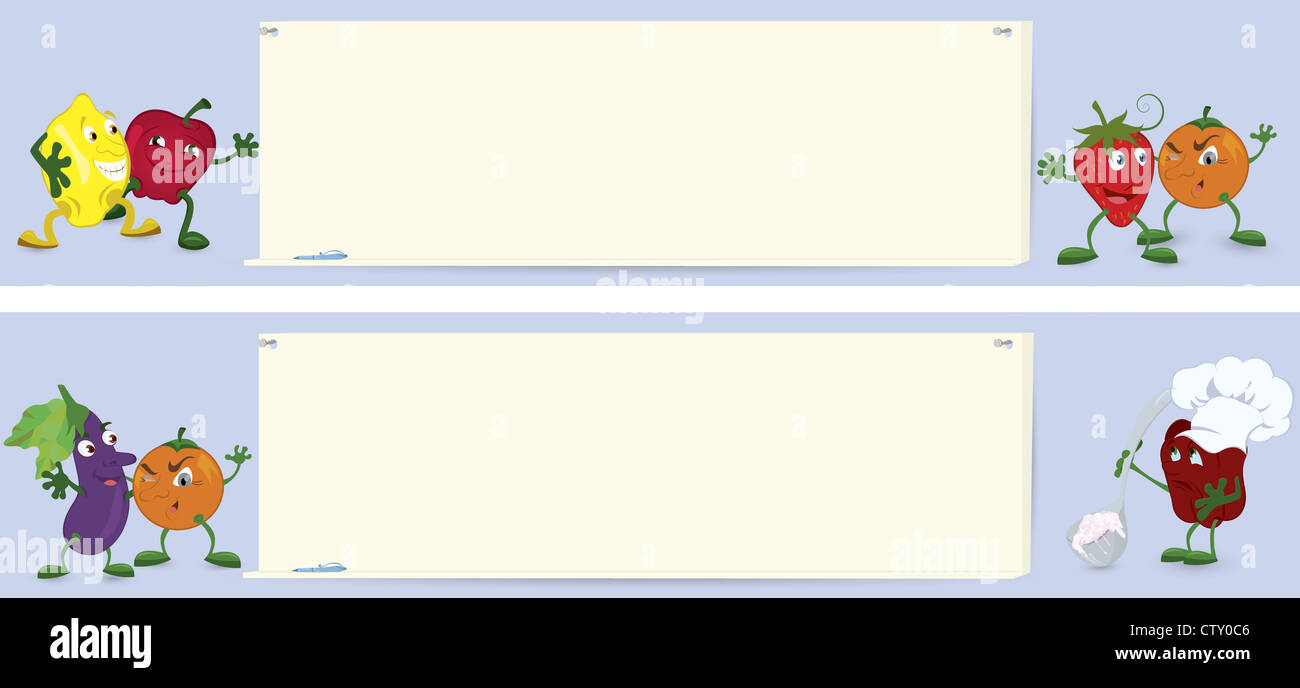 Fruits and vegetables cartoon characters near menu board banner vector ...