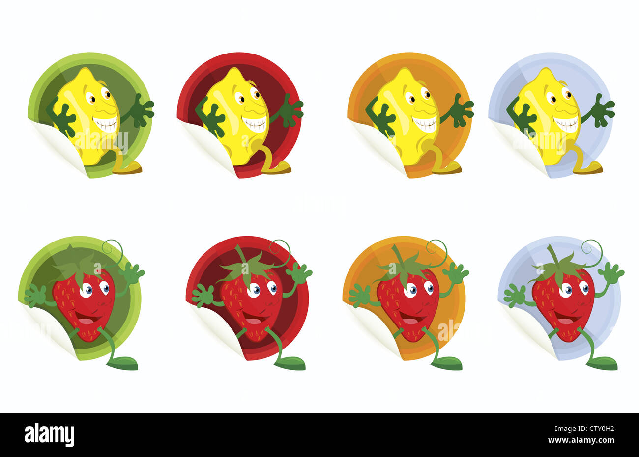 Set of vector stickers with lemon and strawberry on white background ...