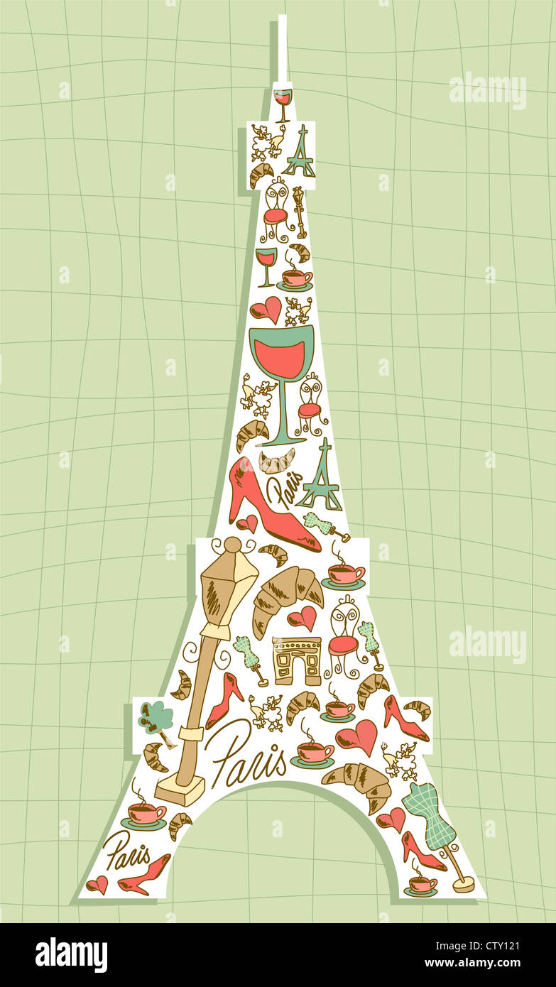 Hand drawn travel paris icon set in Eiffel tower shape. Vector file ...