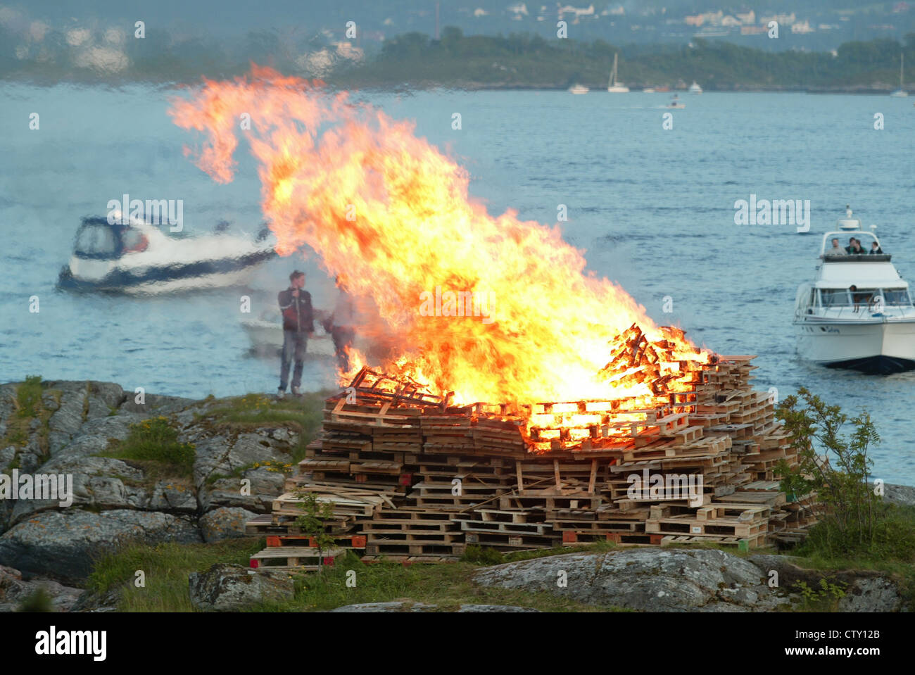 Midsummers Eve traditional bonfire built out of wooden pallets and ...