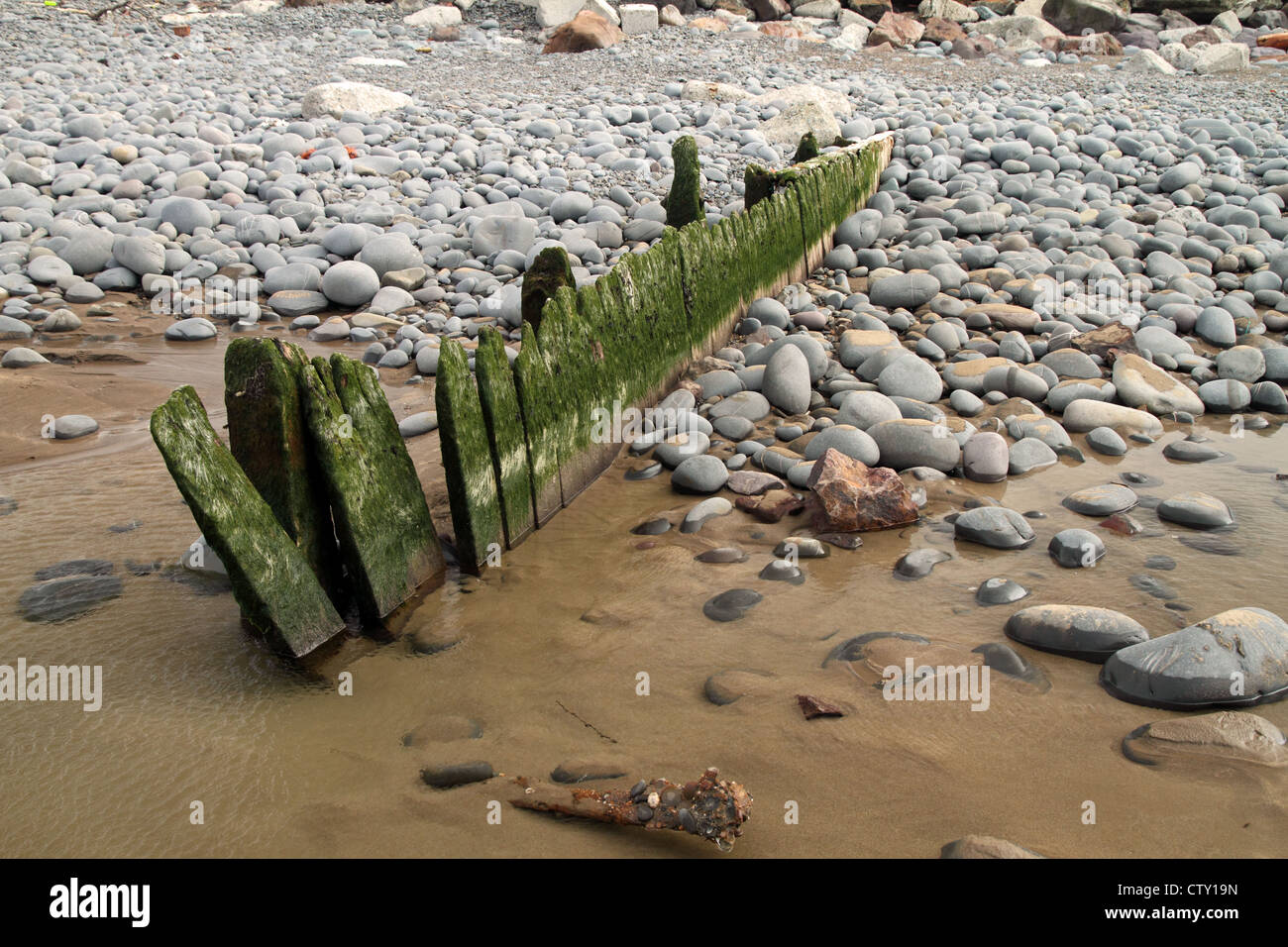 Pebbles and old wooden groyne on beach - Westward Ho, Devon, England ...