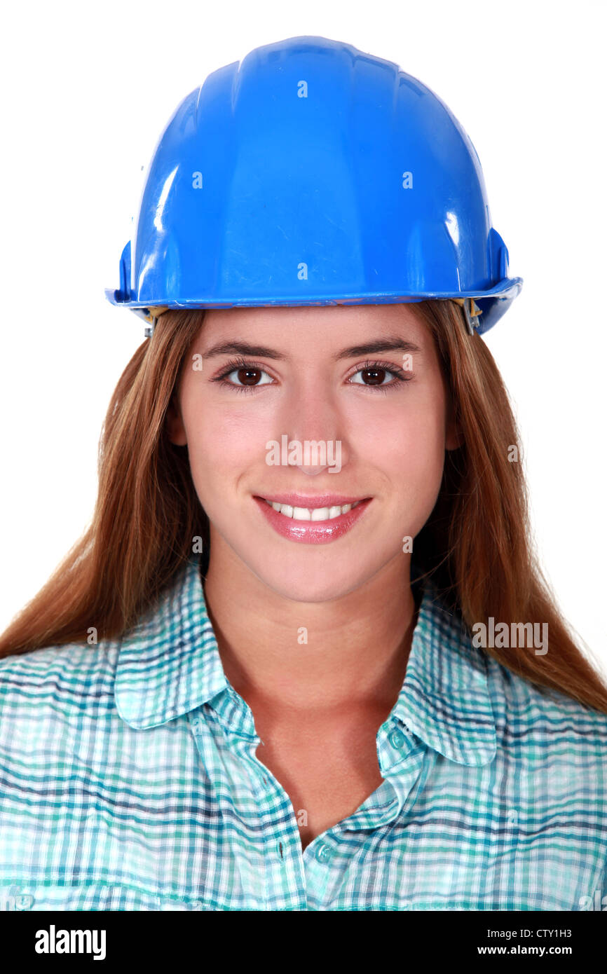 Portrait of young girl with blue helmet Stock Photo - Alamy