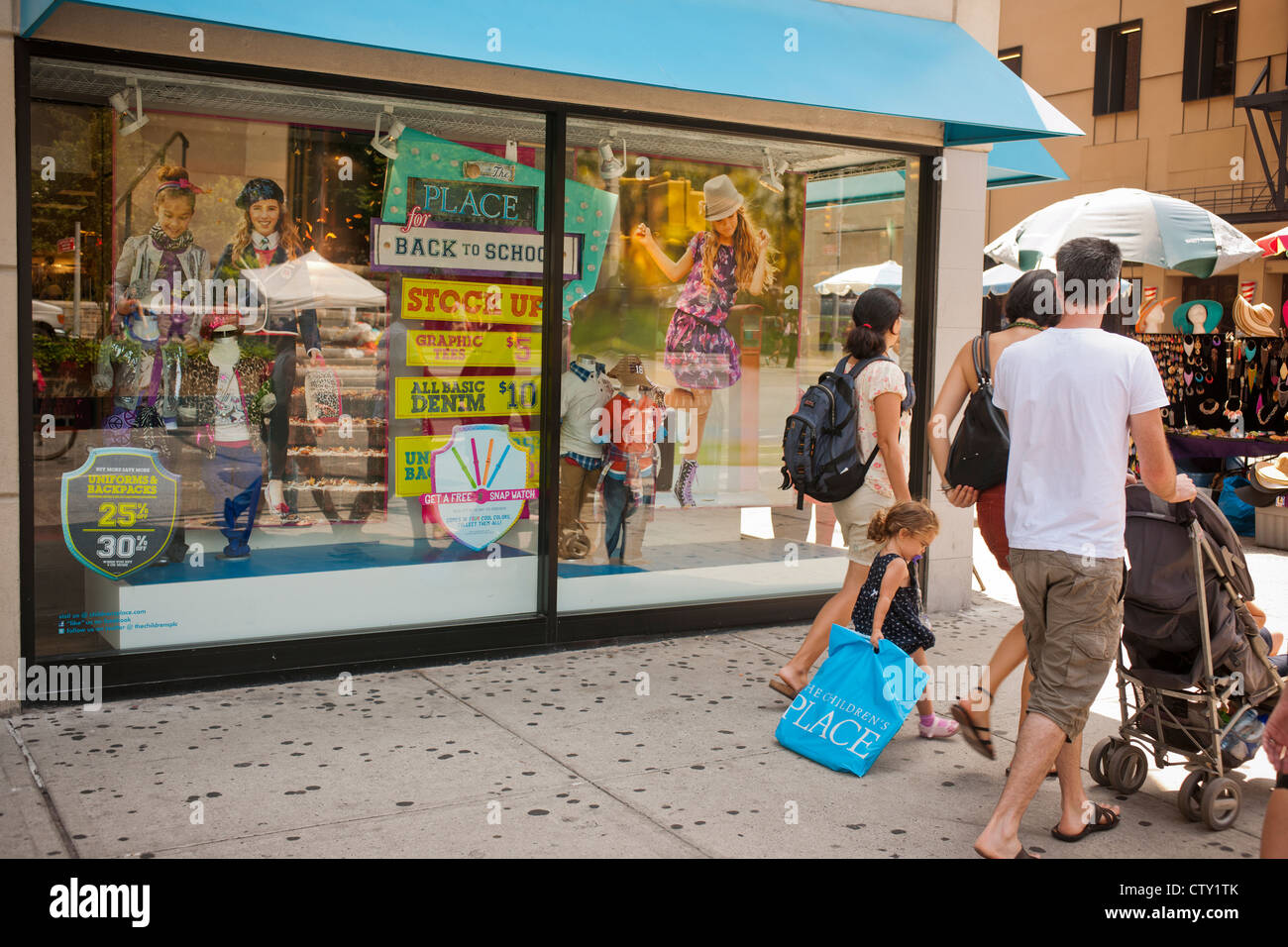 A back to school window display is seen at one of The Children's Place ...