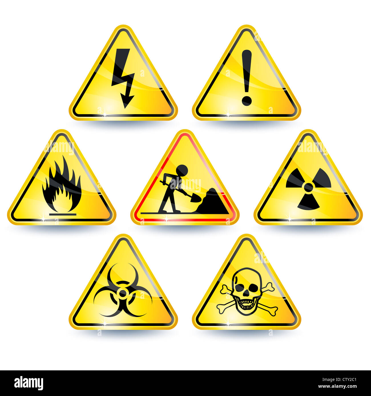 Set of seven yellow warning signs Stock Photo - Alamy