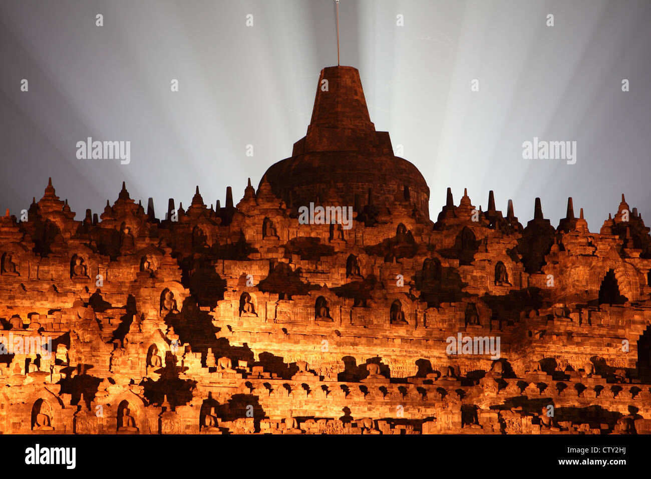 Borobudur, at night, dark, evening, Central Java, Indonesia, light beam ...