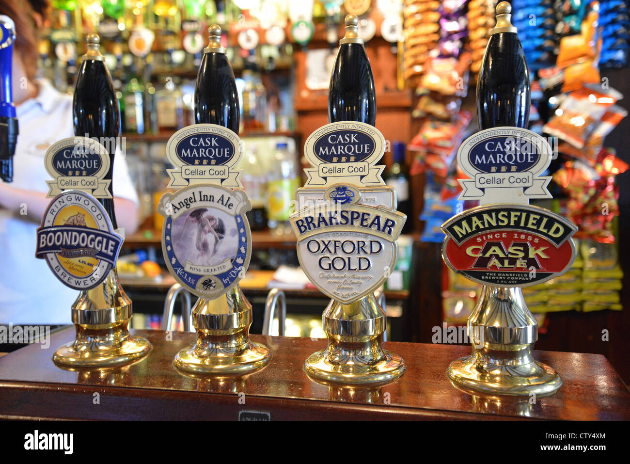Ale beer taps in The Angel Inn, Market Square, Witney, Oxfordshire ...
