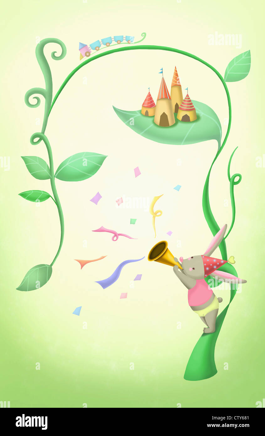 A rabbit playing the trumpet in the green plant amusement park Stock ...