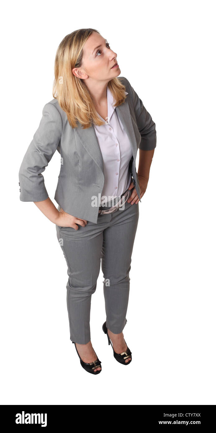 young woman look up isolated on white background Stock Photo - Alamy