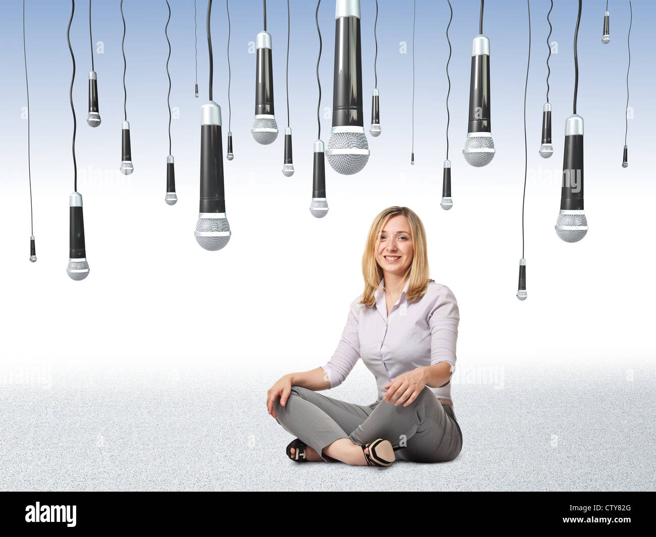smiling sit woman and 3d microphone background Stock Photo - Alamy