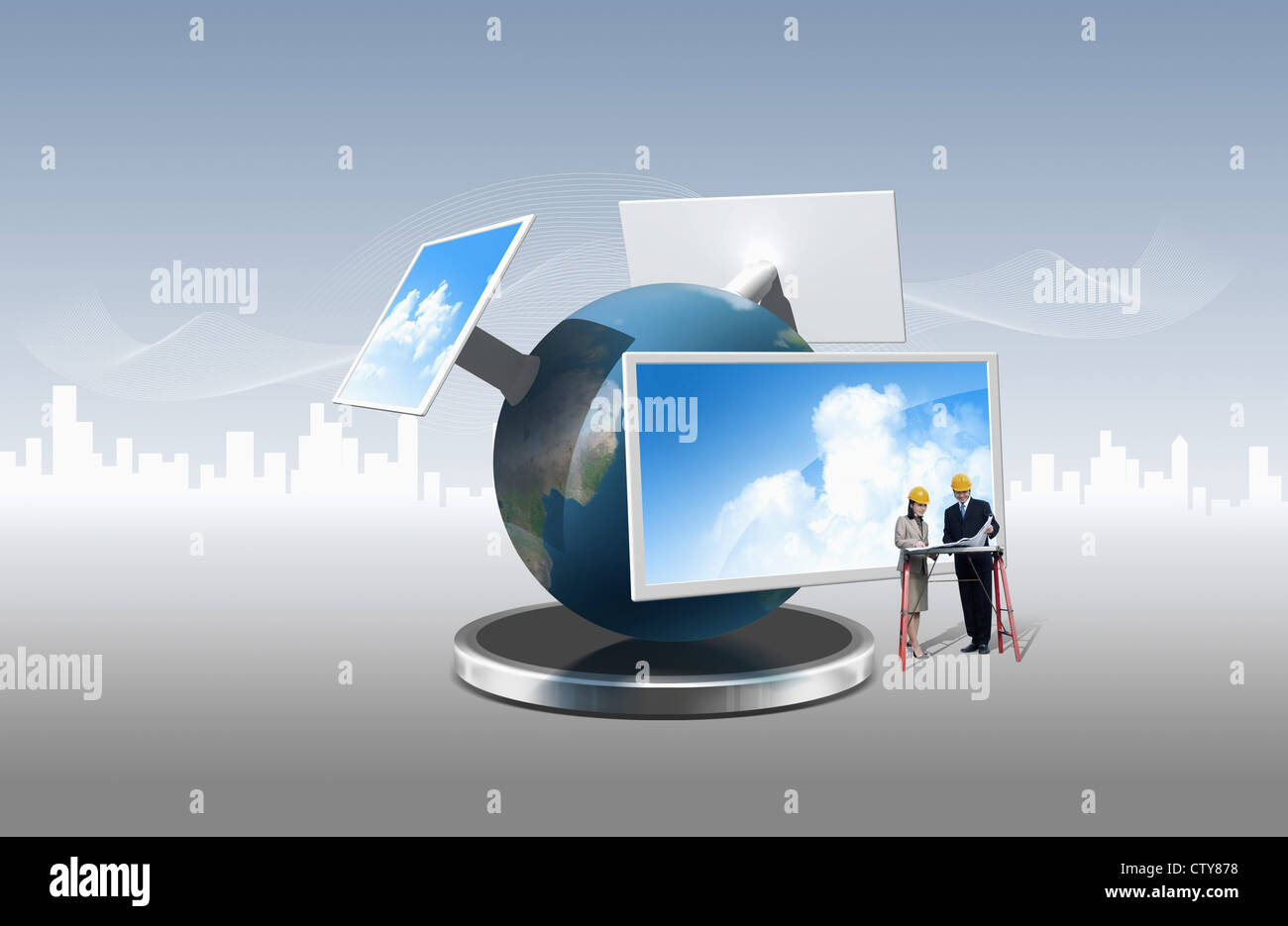 Architects looking at blueprint around the globe monitors Stock Photo ...