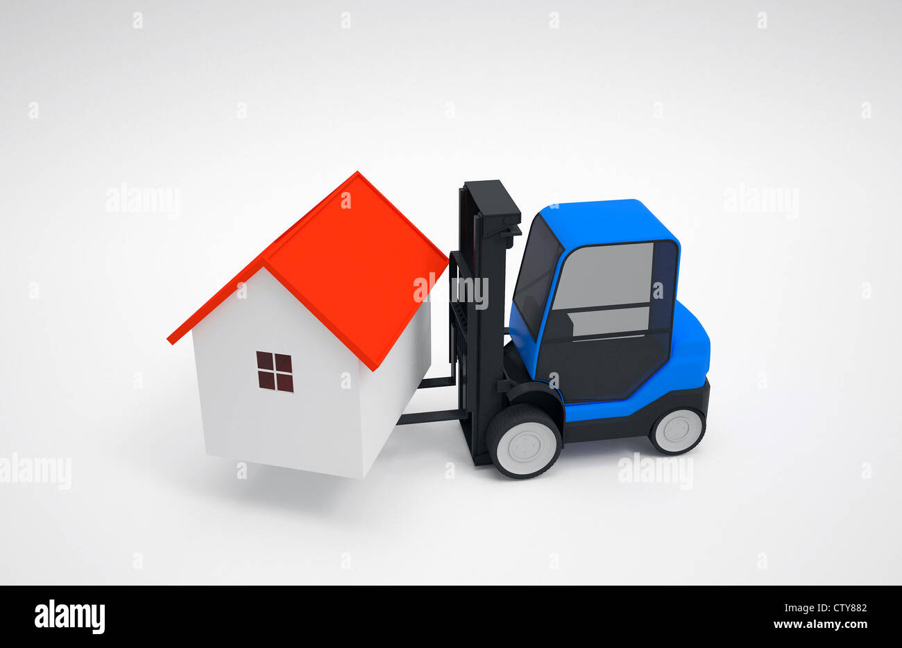 The forklift moving the house Stock Photo - Alamy