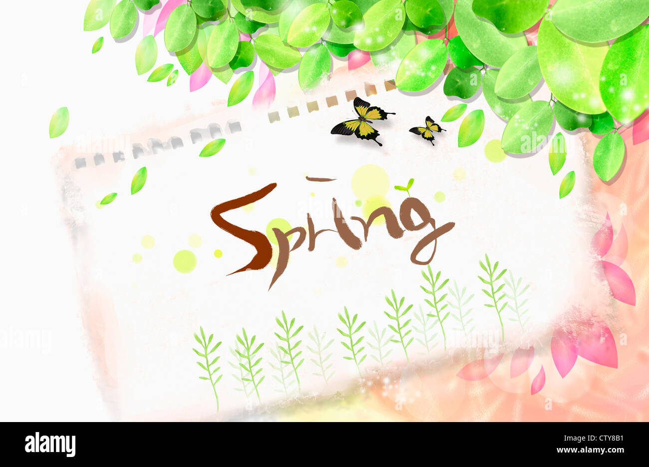 Spring note, butterflies, green leaves, and pink flowers Stock Photo ...