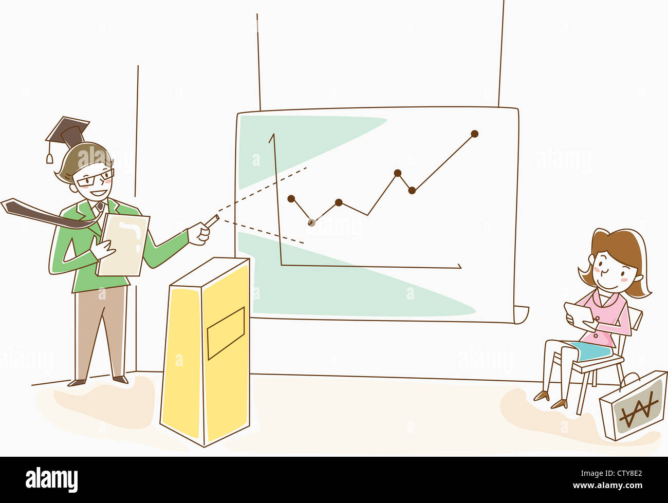 A man instructing the chart to a woman Stock Photo - Alamy