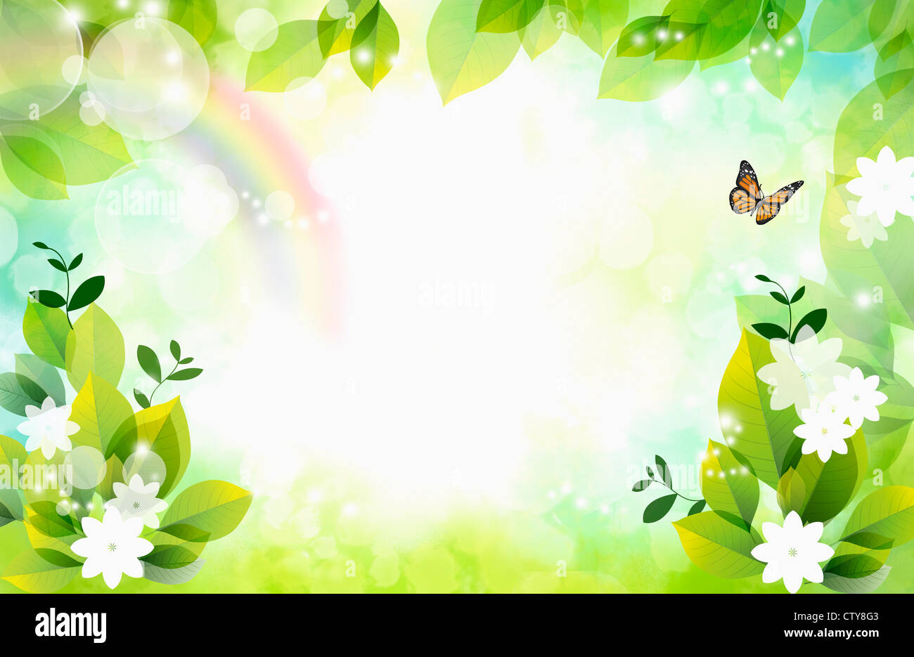 Green leaves, white flowers, and a butterfly Stock Photo - Alamy