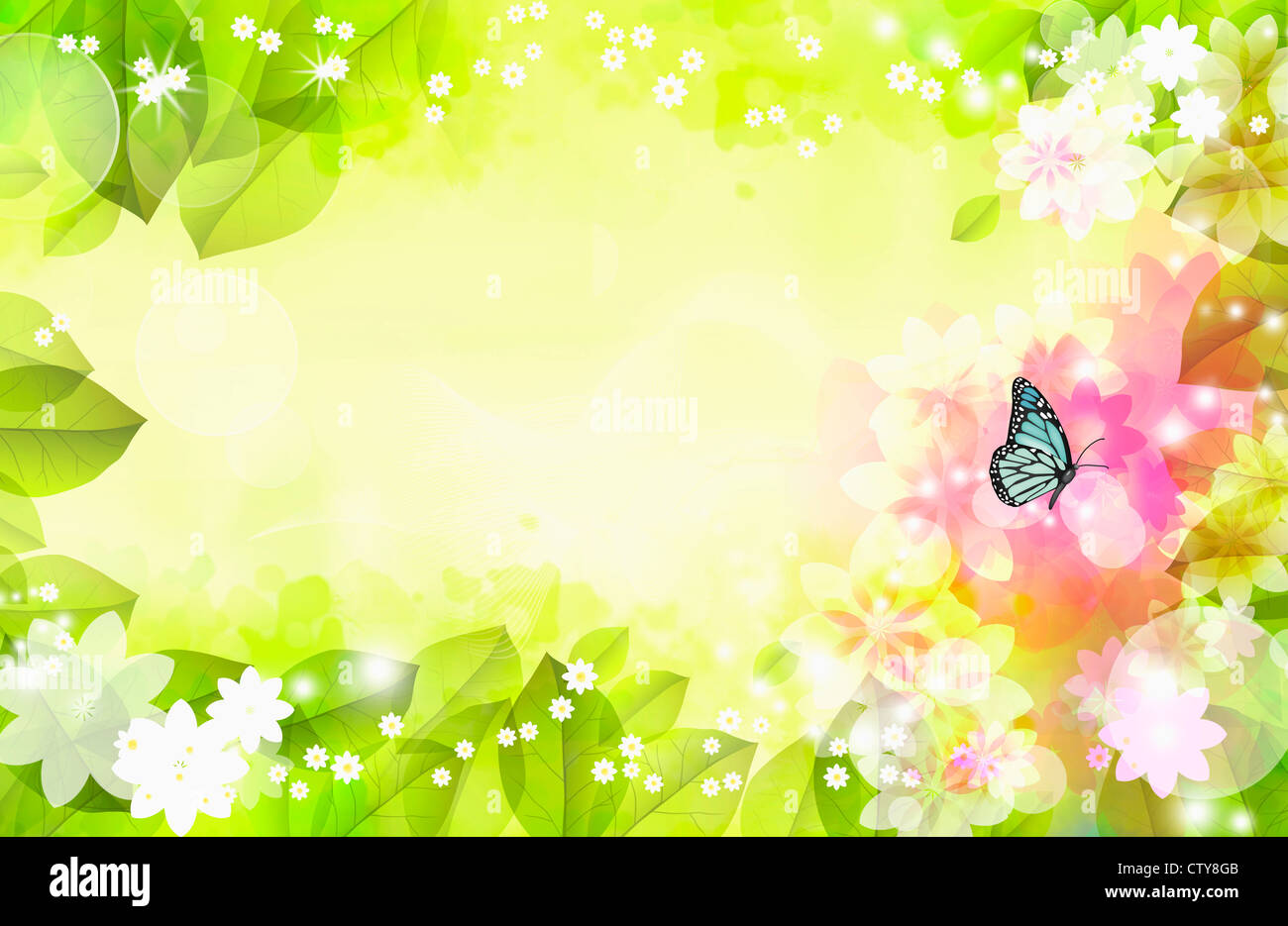 Green leaves, colorful flowers, and a butterfly Stock Photo - Alamy