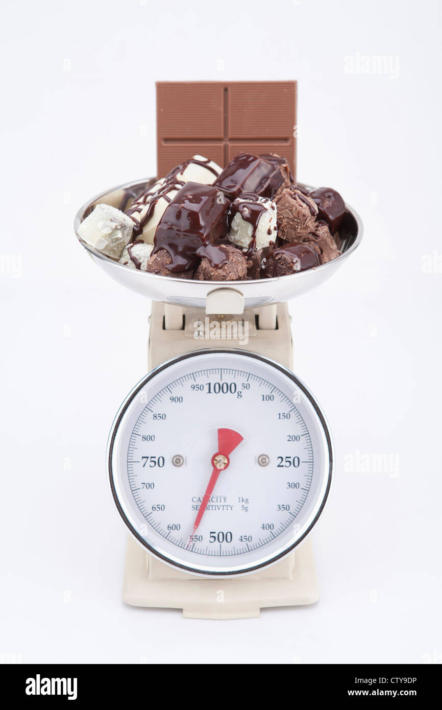 Chocolate on the scale Stock Photo - Alamy