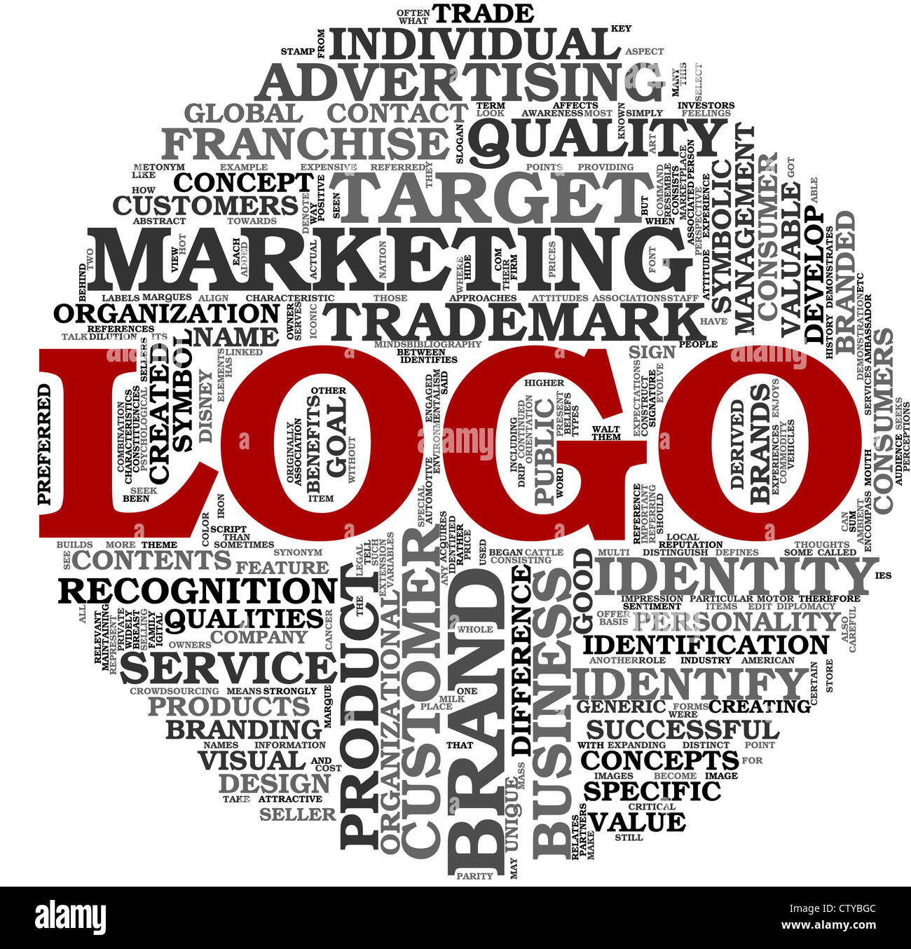 Logo and brand related words in word tag cloud Stock Photo - Alamy