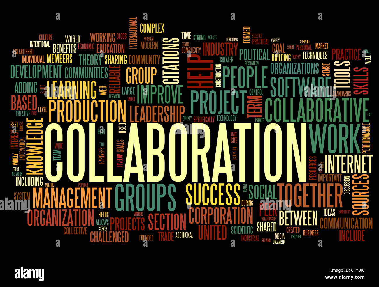 Collaboration concept in word tag cloud isolated on black background ...