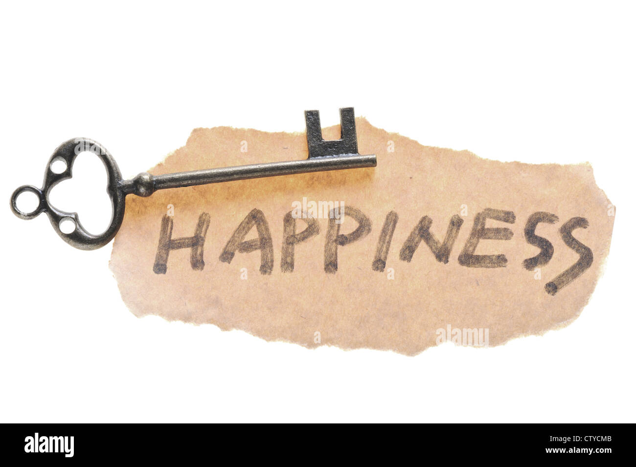 Old key and happiness word isolated on white background Stock Photo - Alamy