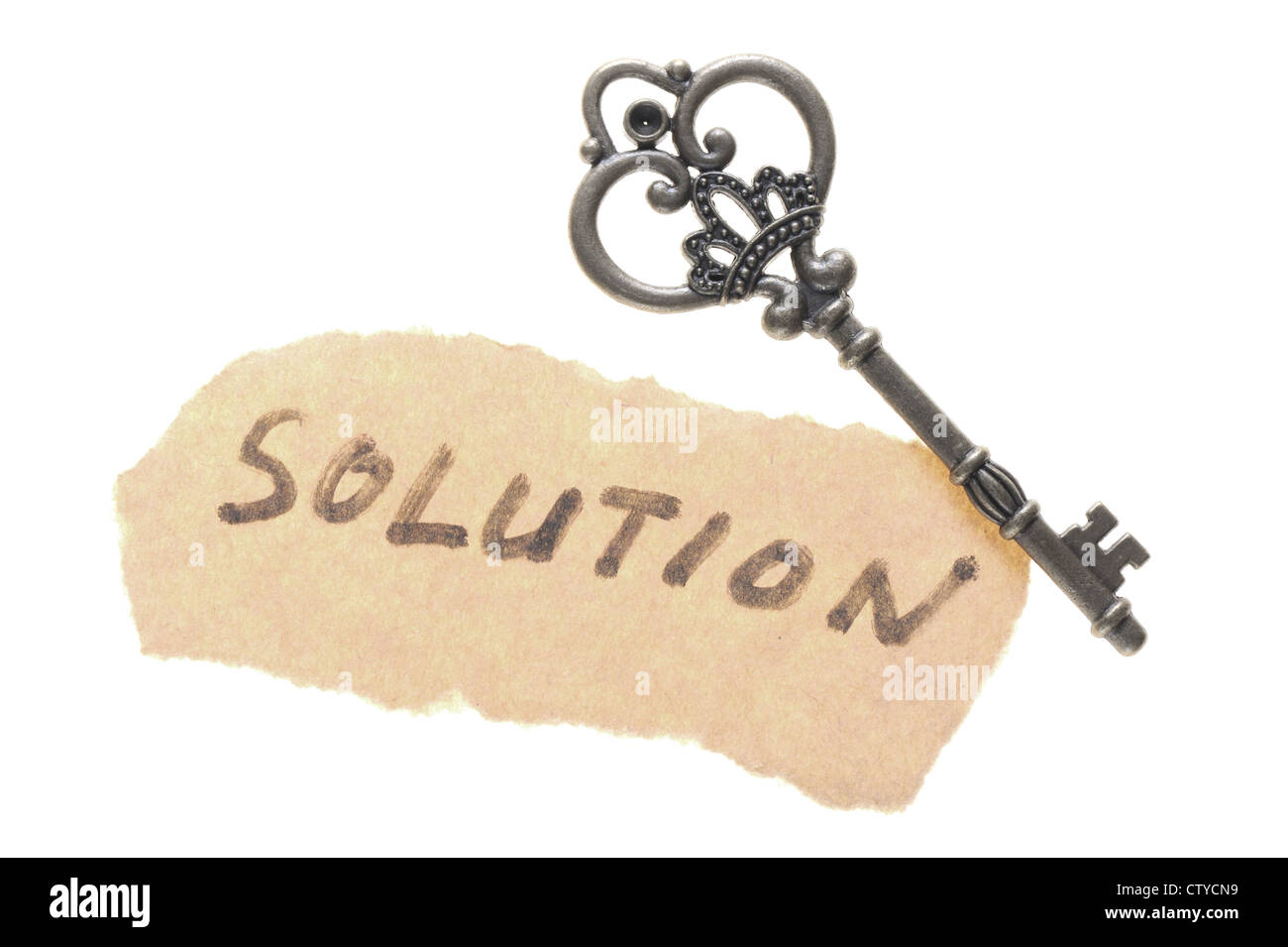 Old key and solution word isolated on white background Stock Photo - Alamy