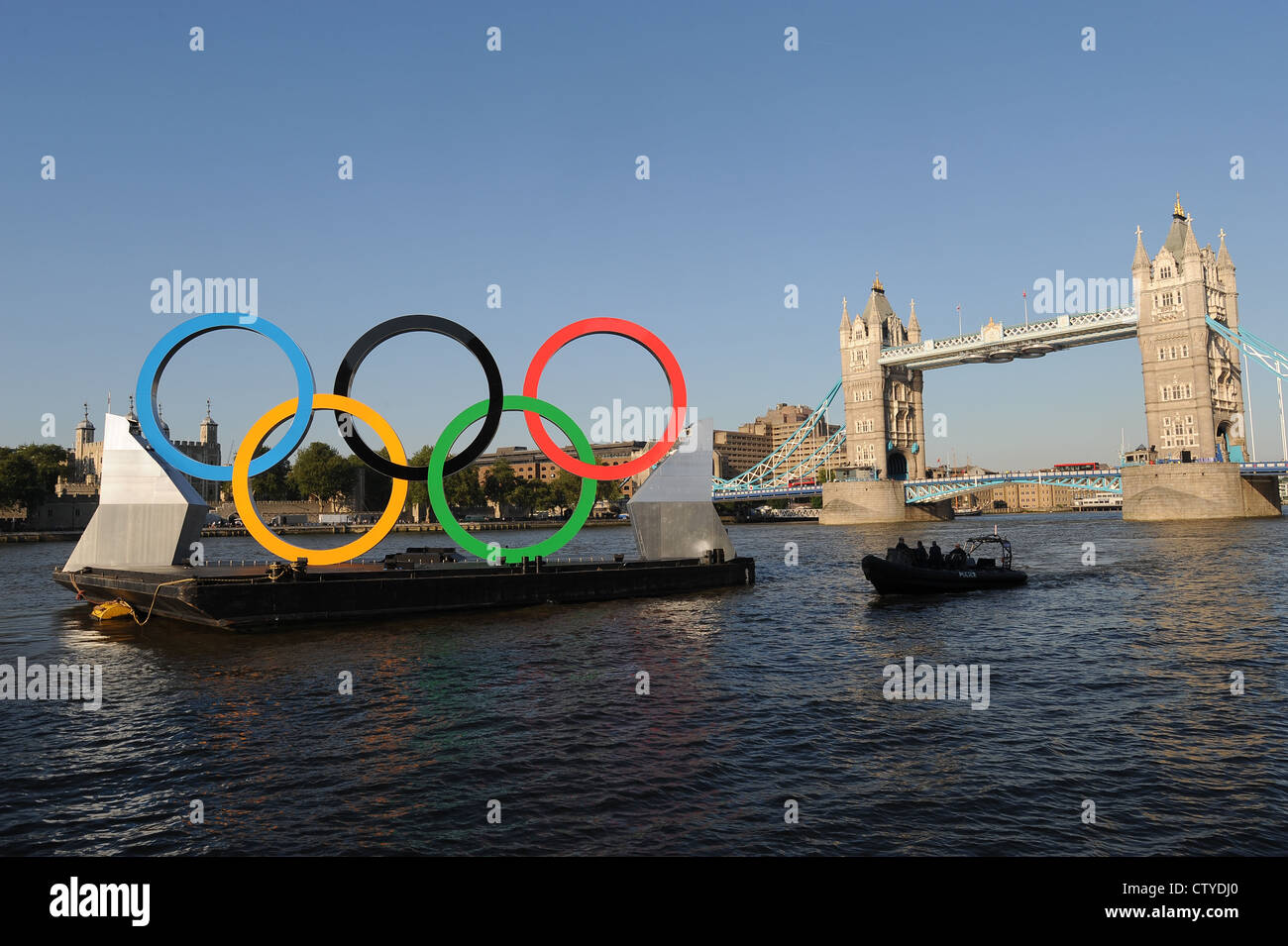 Olympic rings floating on a pontoon in the river thames , london Stock ...