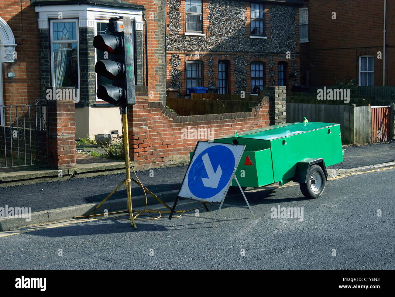 Generator and mobile traffic light at roadwork. England, UK Stock Photo ...