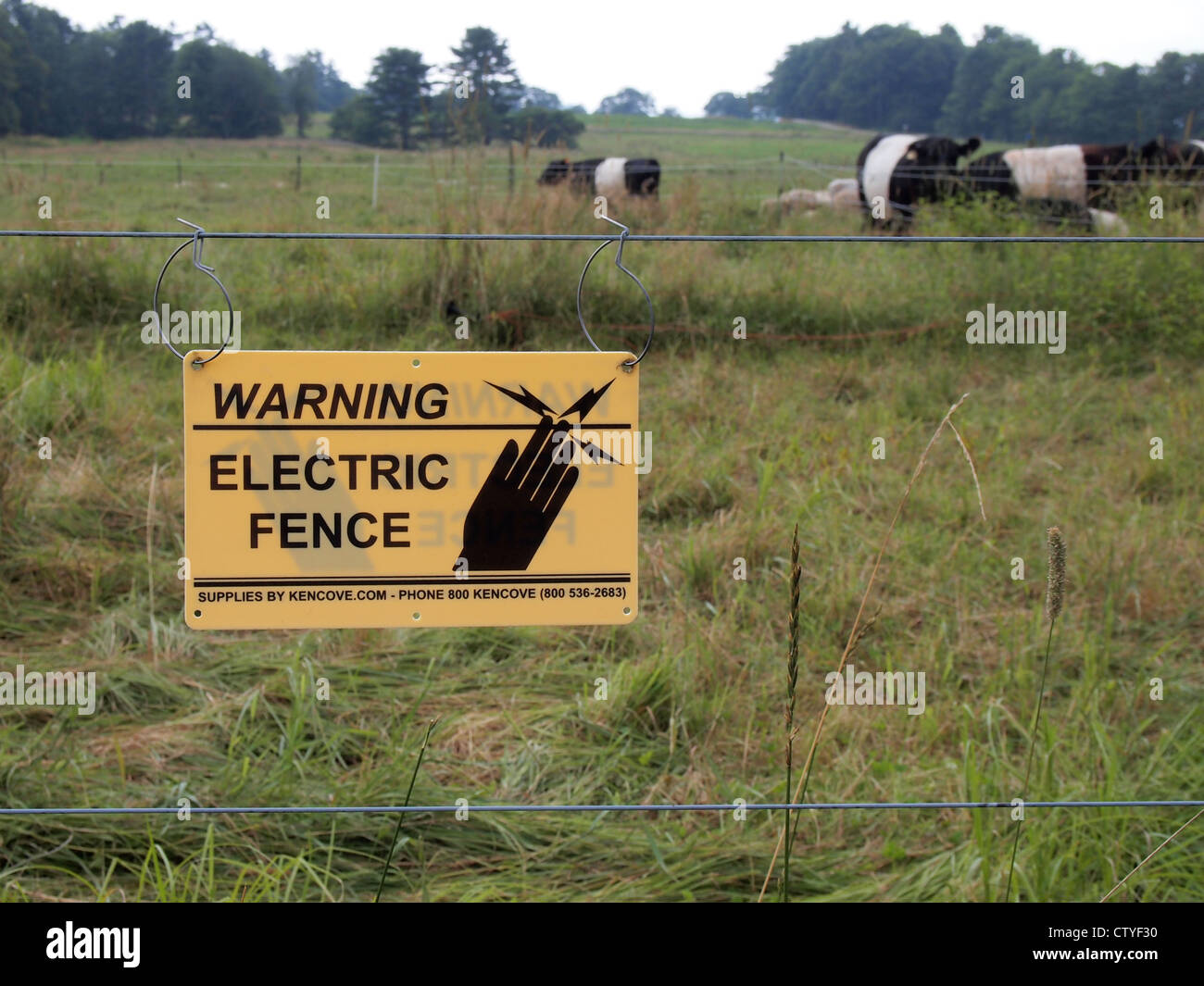 Electric fence warning sign at a livestock pasture in Freeport, Maine ...