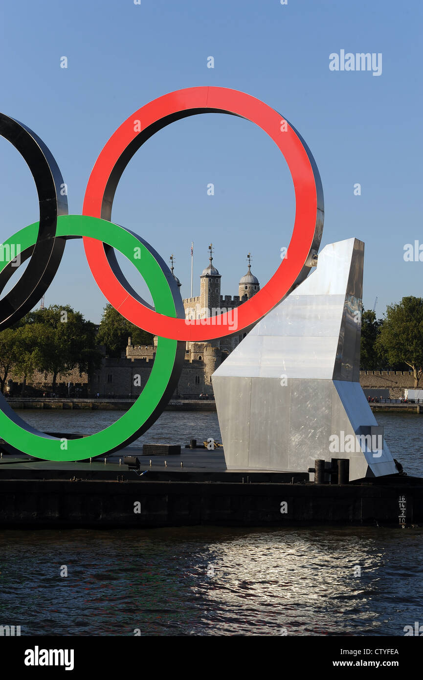 OLYMPIC RINGS ON A FLOATING PONTOON ON THE RIVER THAMES ON THE ...