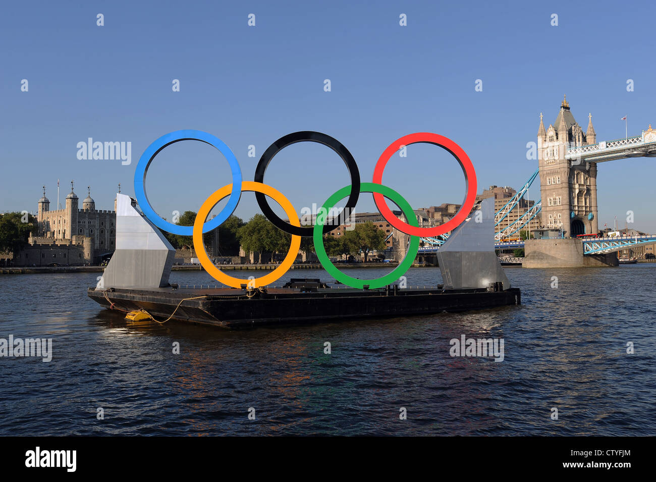 Olympic rings floating on a pontoon in the river thames , london Stock ...