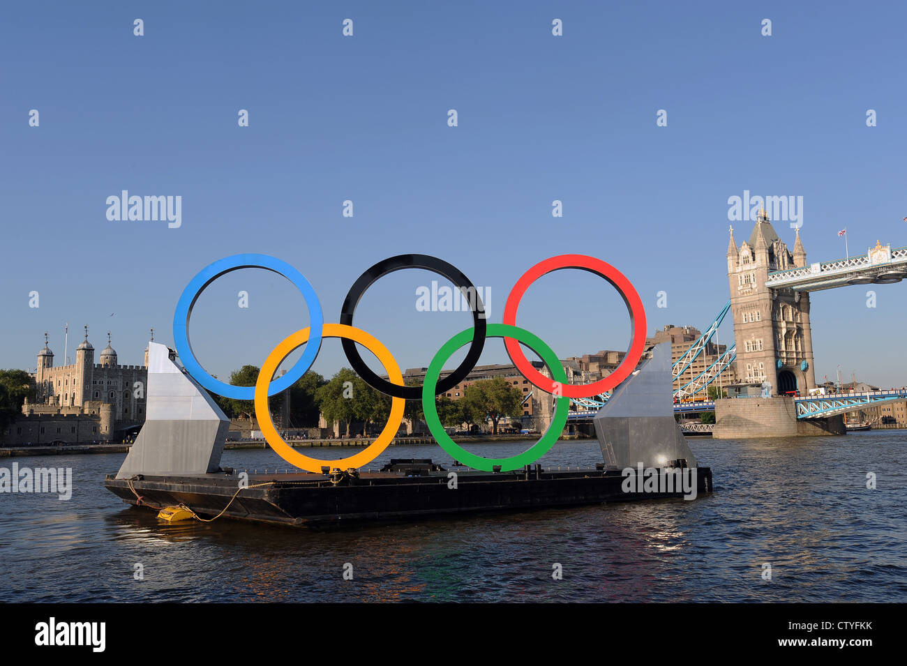 Olympic rings floating on a pontoon in the river thames , london Stock ...