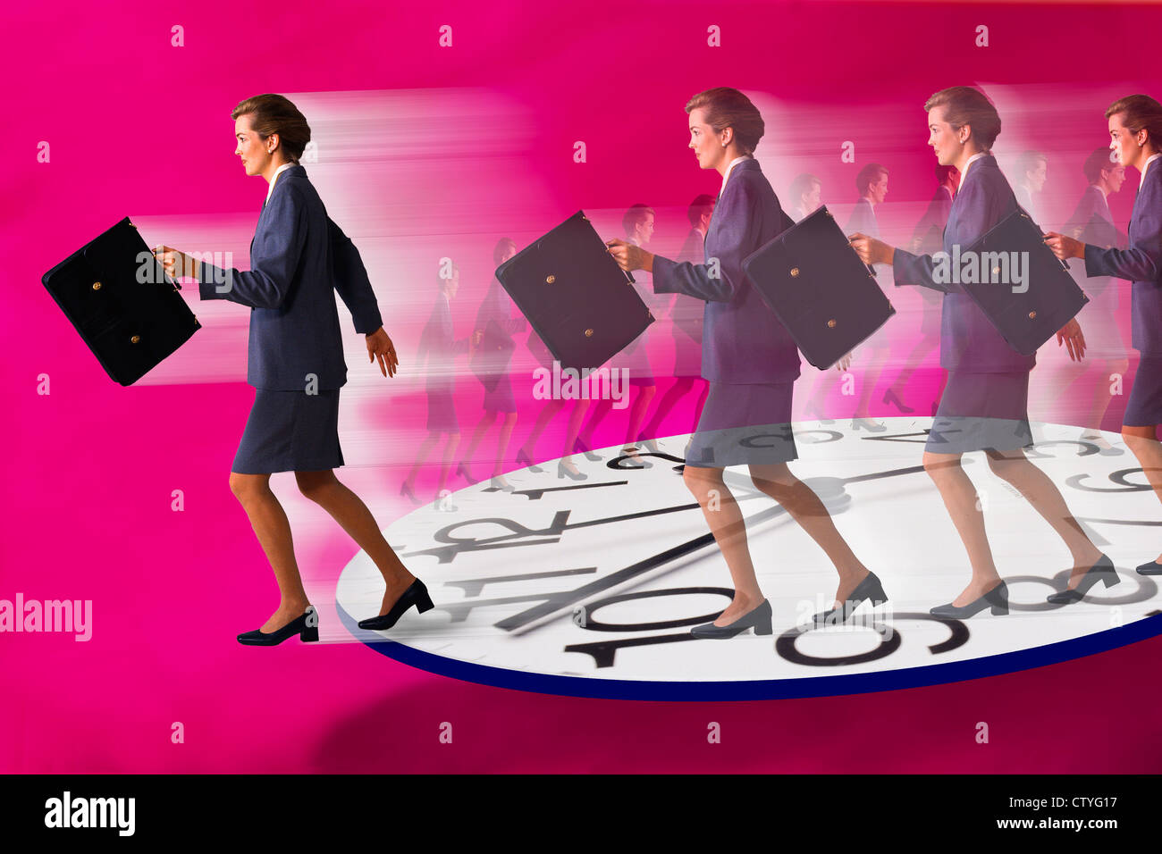 Businesswoman walking off clock face Stock Photo - Alamy